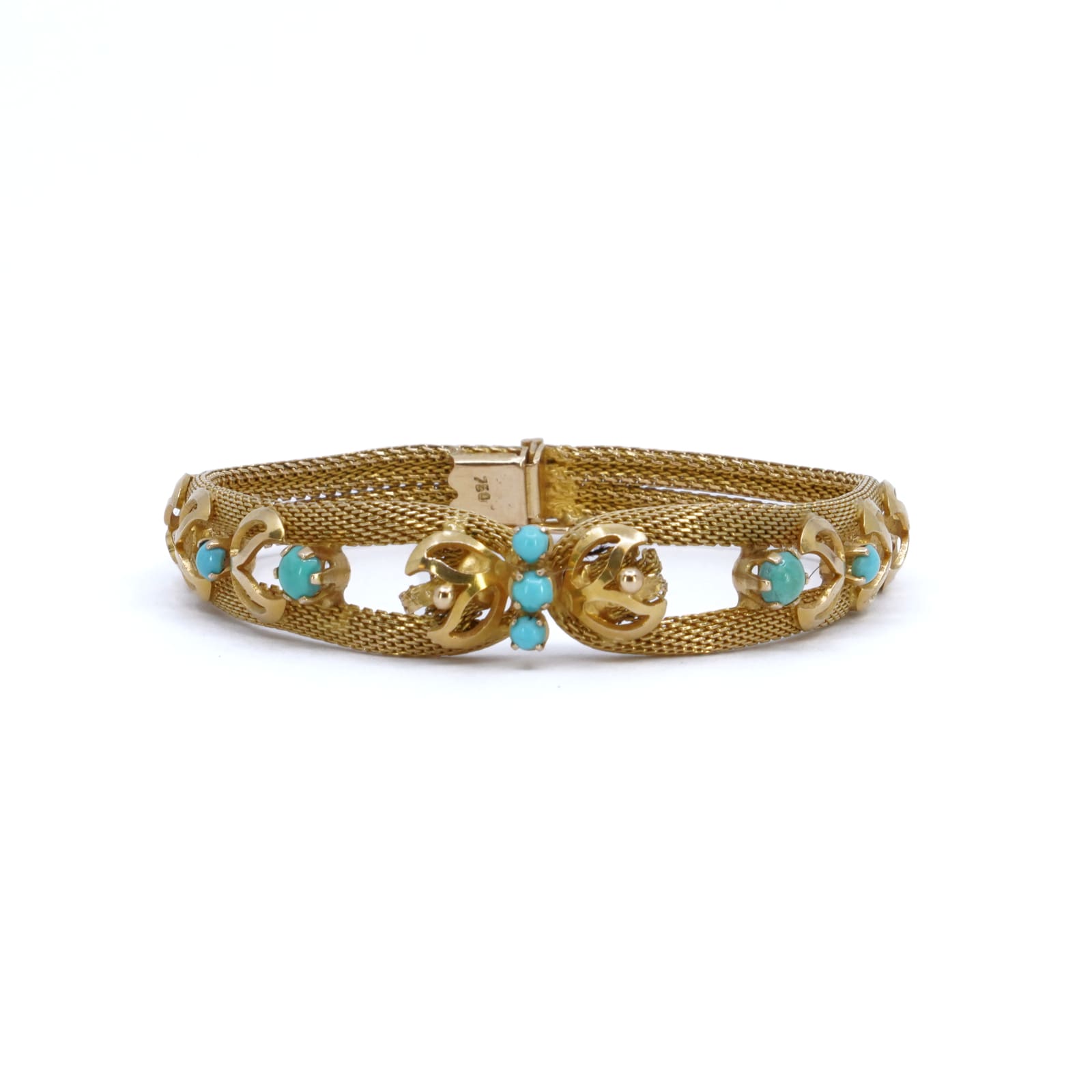 Armband flätat med turkosa stenar, något skeva detaljer 18K 24,1g